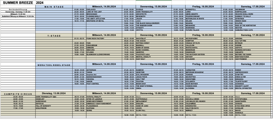 RUNNING ORDER Excel 2024 screenshot | Summer Breeze